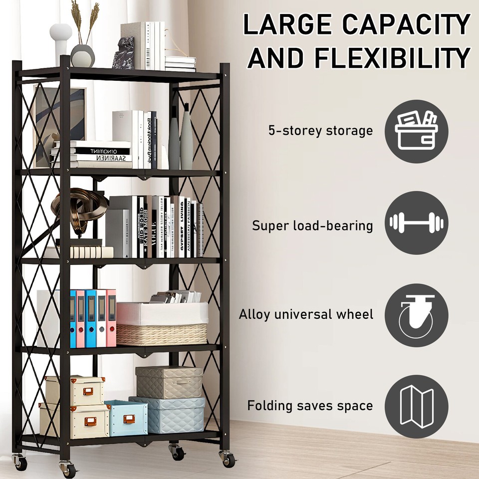 5-Tier Foldable Shelf Rack Metal Storage with Casters for Easy Movement ...