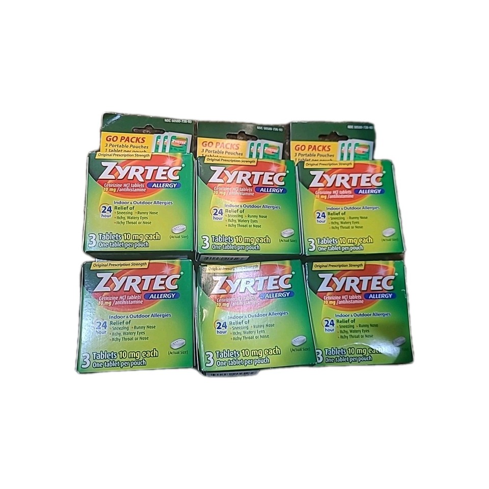 6 Pack! Zyrtec 24 Hour Allergy Relief Tablets, 10 mg Travel Size Exp 10 ...