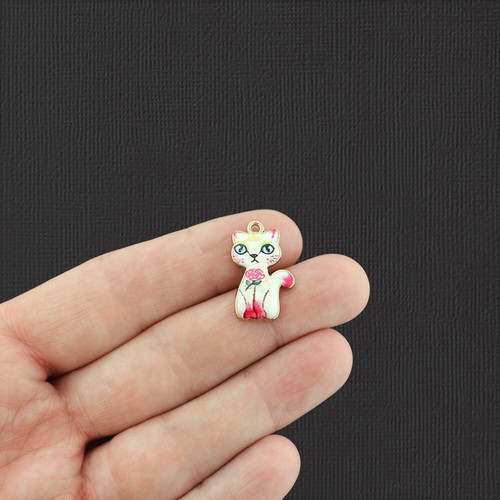 4 Pink and White Cat Gold Tone Enamel Charms - E498 | eBay