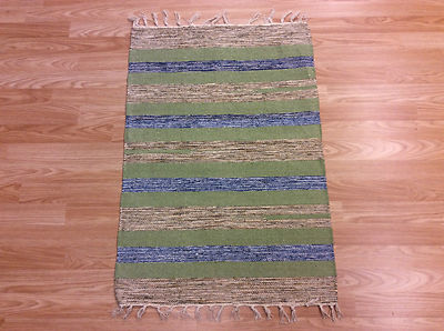 Striped Blue Green Color Handloomed Cotton Rag RUG Durrie Mat 60x90cm ...