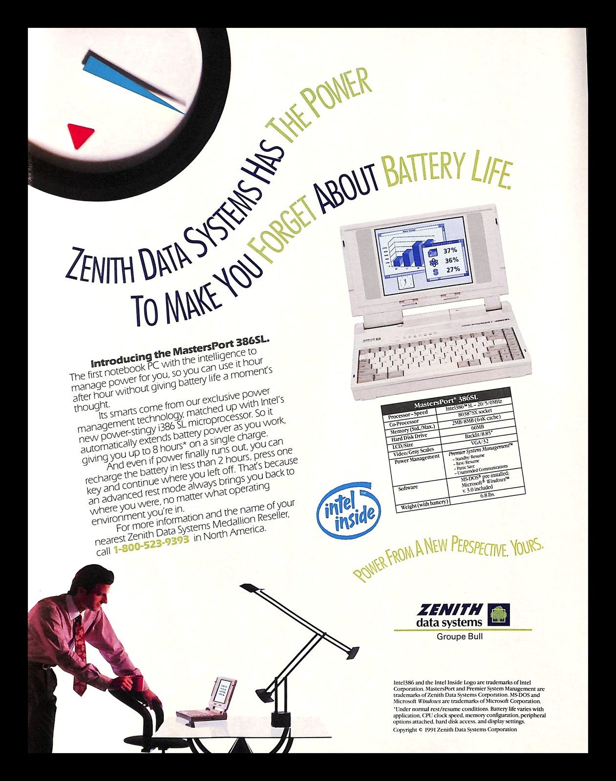 1991 Zenith Data Systems MastersPort 386SL PC Vintage PRINT AD Battery ...
