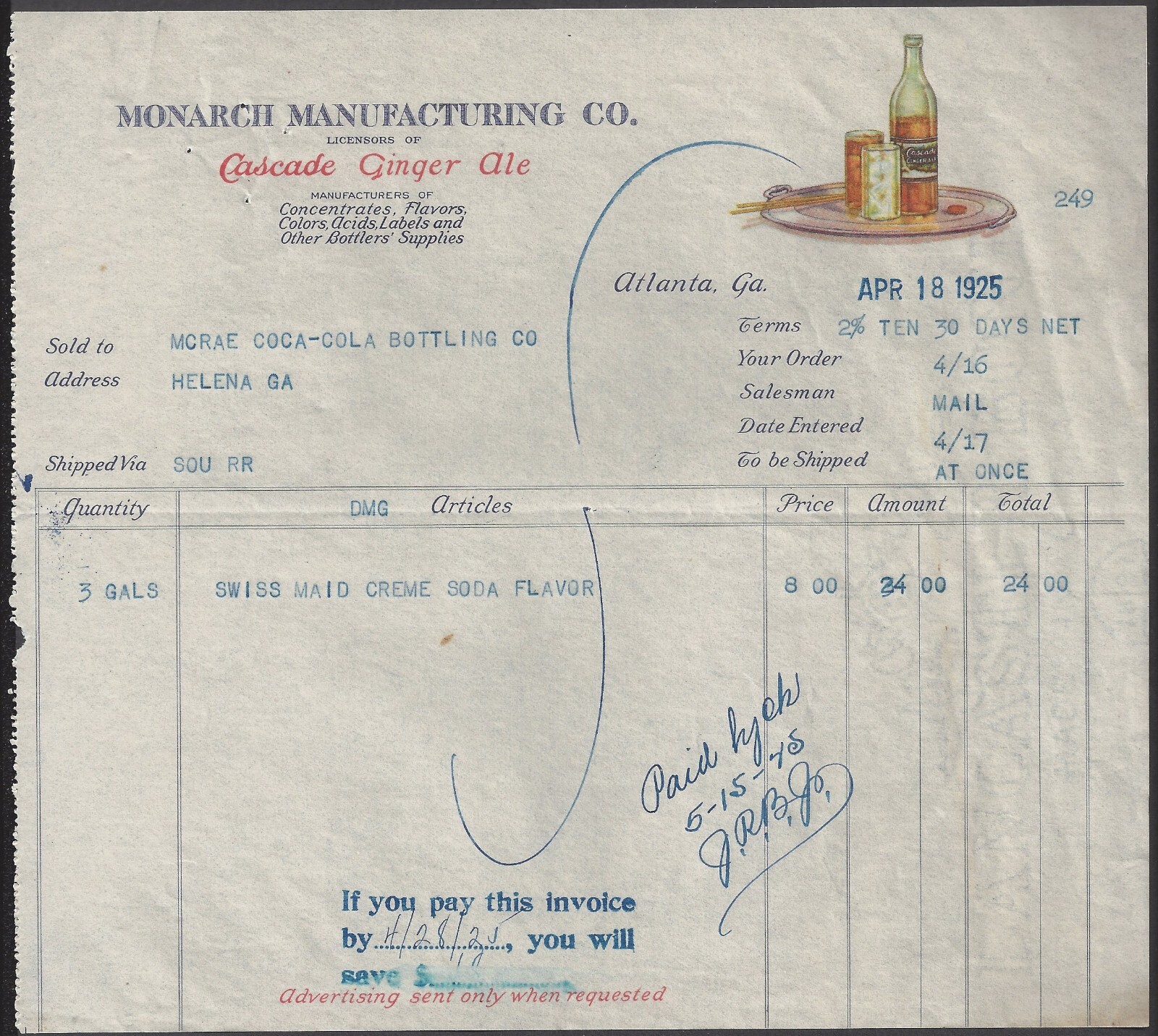ATLANTA, GA ~ MONARCH MFG. CO., CASCADE GINGER AL ~ COLOR ILLUS. BILLHEAD 1925 | eBay