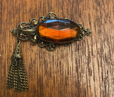 Vintage Jody Signed Brass Tone with red Filigree Brooch Pin Dangle ...