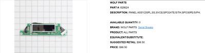 WOLF PART# 828624 PANEL ASSEMBLY DISPLAY SVCE SPO24TE/S/TH,SPO30PE/S/PH ...