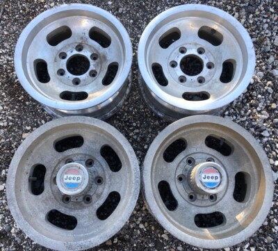 AMC FSJ Jeep 15x7” Wheels J10 Wagoneer Aluminum 5 Slot Rims Center Caps ...