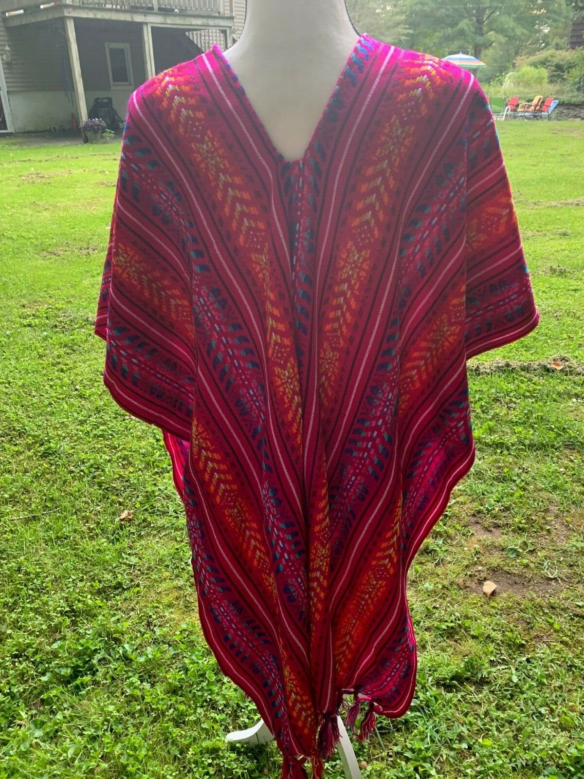 Fringed Gaban Poncho Woven Maya Pattern 6x2.75 Mexican Pink Rainbow ...