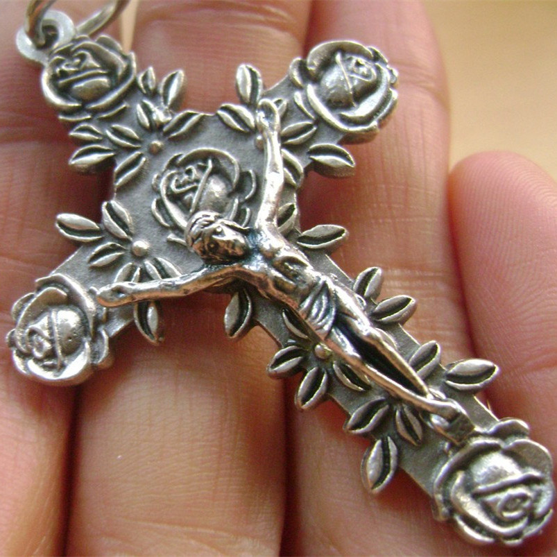 Large 2.2" Holy Trinity Rose Rosary Crucifix silver jesus cross ...