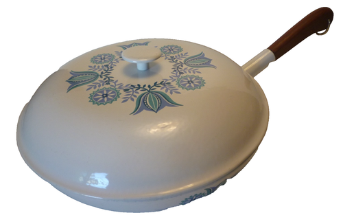 Vintage Blue Tulip Prizer Ware Enamel Cast Iron Skillet with Teak ...