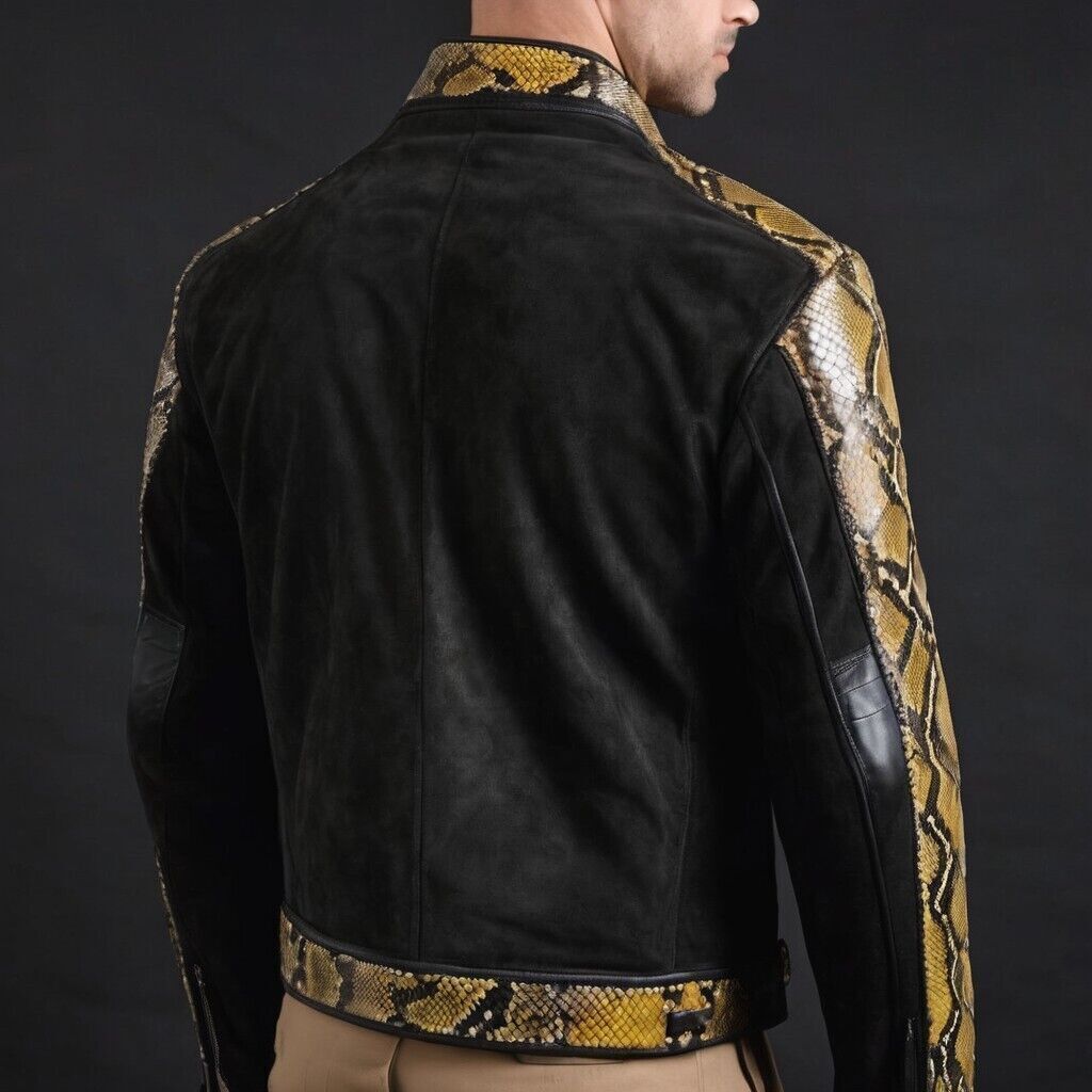 Men's Black Suede Leather Jacket Python Snake Texture Biker Motor Coat ...