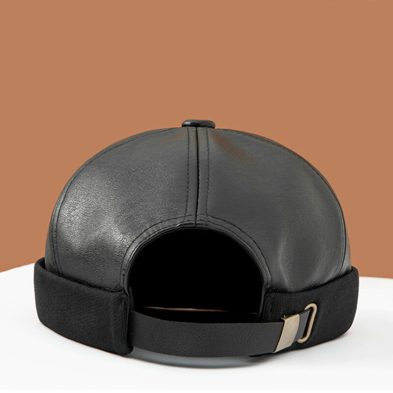 Men Leather Skullcap Sailor Brimless Hat Cap Hip Hop Rolled Cuff Warm ...