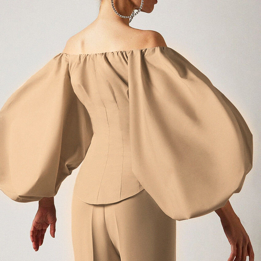 French Spring New Long Sleeve Bubble Lantern Sleeve Shoulderless Women ...