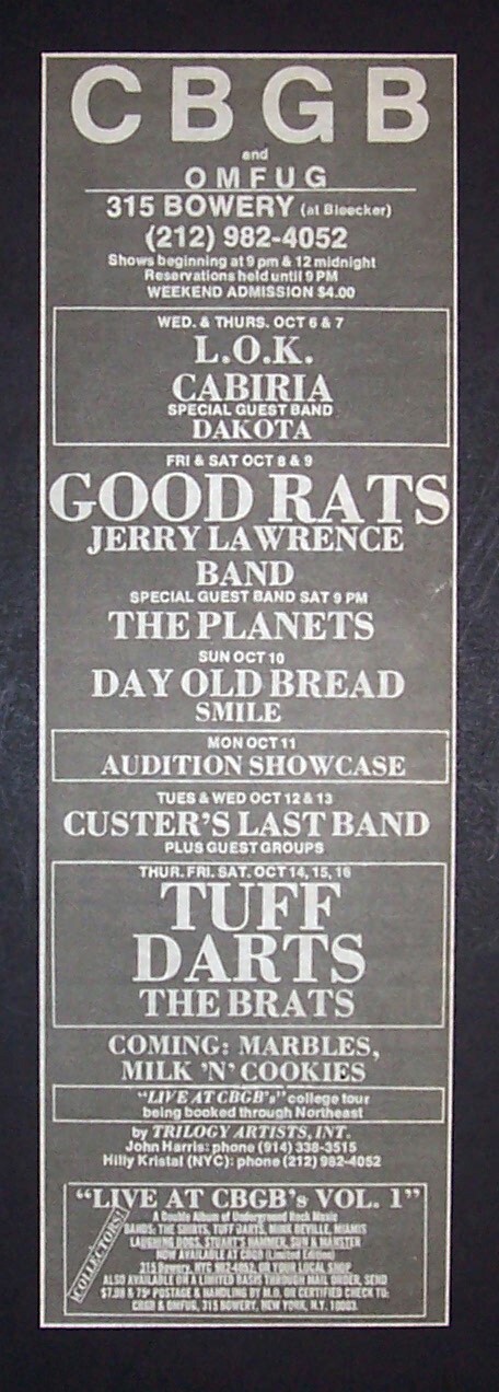 Tuff Darts, Good Rats, L.O.K., CBGB, Brats NYC 1976 Small Poster Type ...