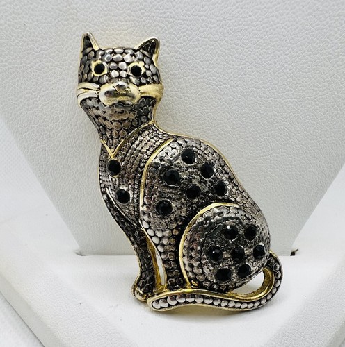 Vintage Multi Tone Silver Brass Color Rhinestone Cat Brooch Pin Cat ...