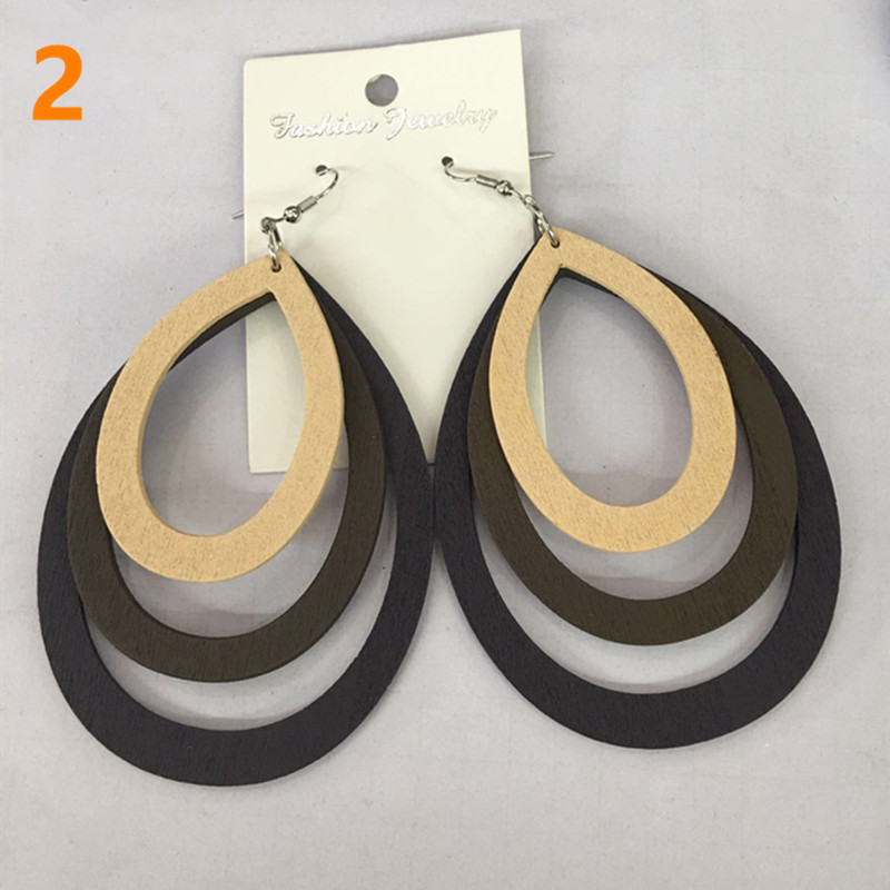 2Pairs Colored 3 Layers Hollowed Wood Dangle Teardrop Earrings Jewelry ...