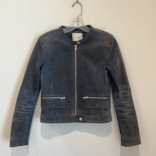 Mango GENUINE pig skin leather jacket Size XS Gray Zip Up Classic Suede ...