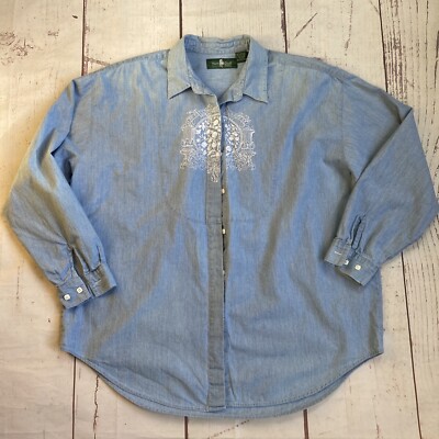 Hunt Club Woman Size 18W Embroidered Chambray Button Shirt Long Sleeve ...