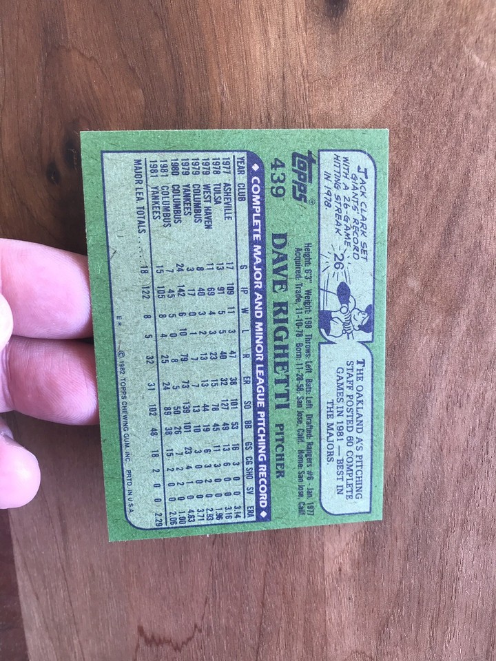 1982 TOPPS #439 DAVE RIGHETTI NY YANKEES— POPULAR ROOKIE💥*** (wph) | eBay