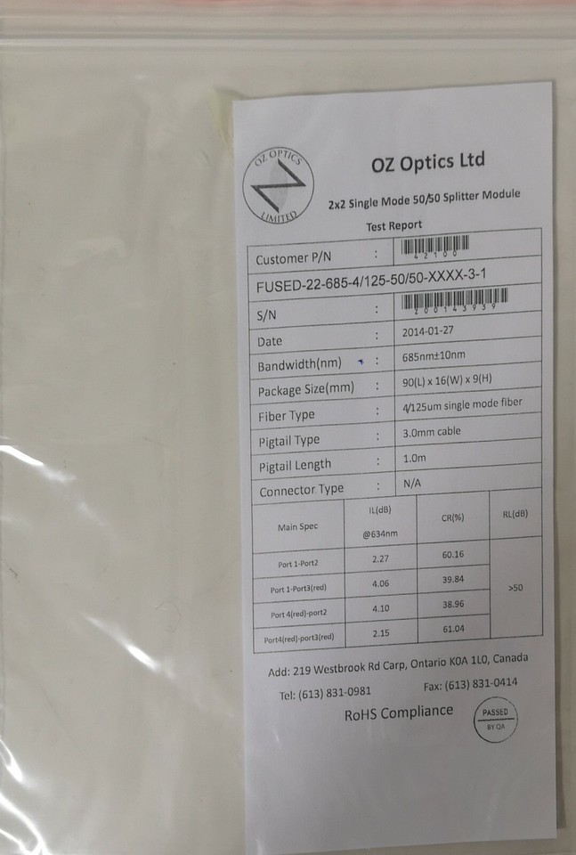 OZ Optics 2x2 50/50 Fiber Coupler 685+/-10nm FUSED-22-685-4/125-50/50 ...
