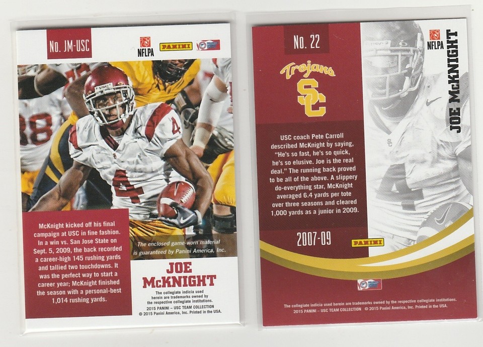 JOE MCKNIGHT 2015 USC PANINI COLLEGIATE GAME WORN JERSEY RELIC PATCH JM ...