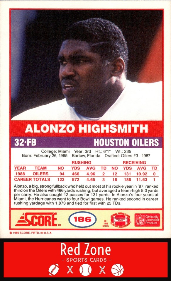 1989 Score - #186 Alonzo Highsmith NM/NM+ | eBay