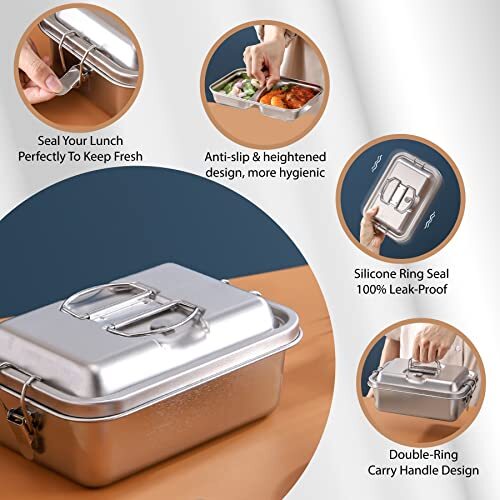 Stainless Steel Bento Lunch Box for Adults with Secure Locks 1800ML 3 ...