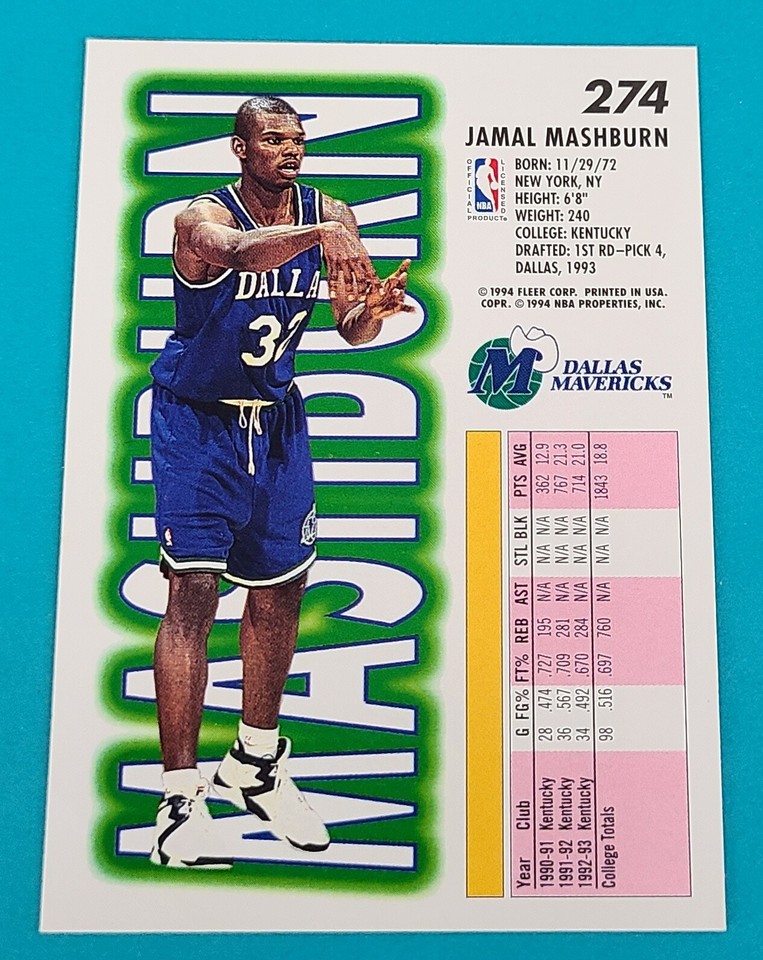 1993-94 Fleer RC #274 Jamal Mashburn Dallas Mavericks BASKETBALL Card ...