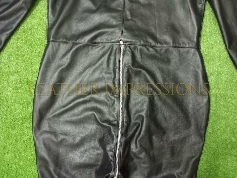 Mens Leather Catsuit Jumpsuit Slim Fit Overall Bodysuit Front Zipper ...