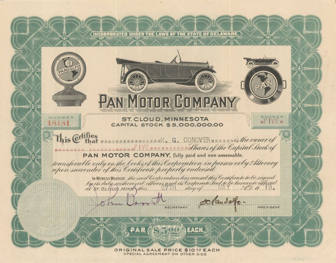 Pan Motor Co. signed by Samuel Pandolfo - 1917-1920 dated Autographed ...