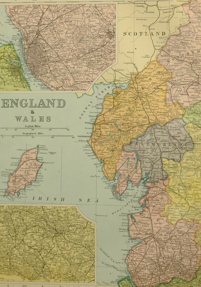 1902 MAP ENGLAND & WALES NORTHERN LIVERPOOL BIRKENHEAD LEEDS NEWCASTLE ...