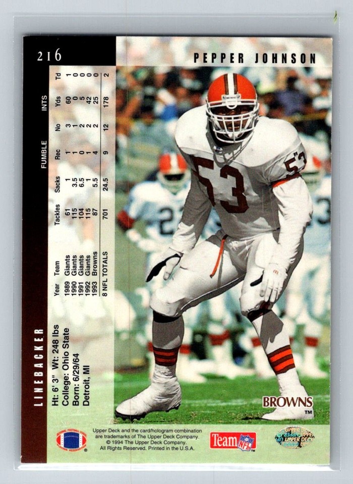 1994 Upper Deck Electric Silver #216 Pepper Johnson Cleveland Browns | eBay