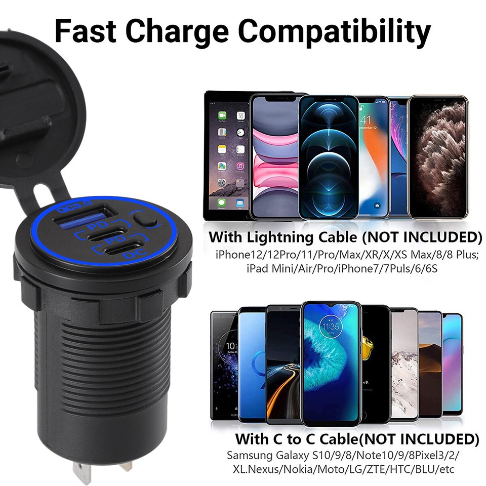 LOT 12-24V Fast Car Charger QC3.0 & PD 3 Port Outlet Socket for Boat RV ...