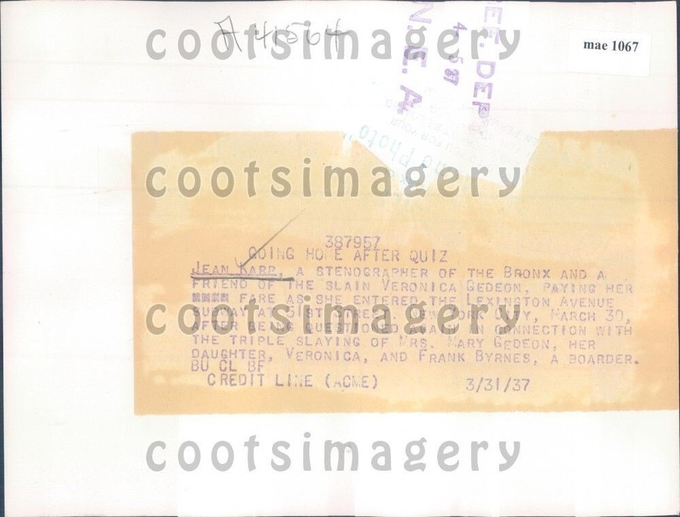1937 NYC Stenographer Friend of Model Murder Victim Veronica Gedeon ...