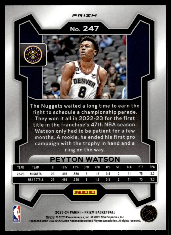2023-24 Panini Prizm #247 Peyton Watson Silver Prizm Denver Nuggets | eBay