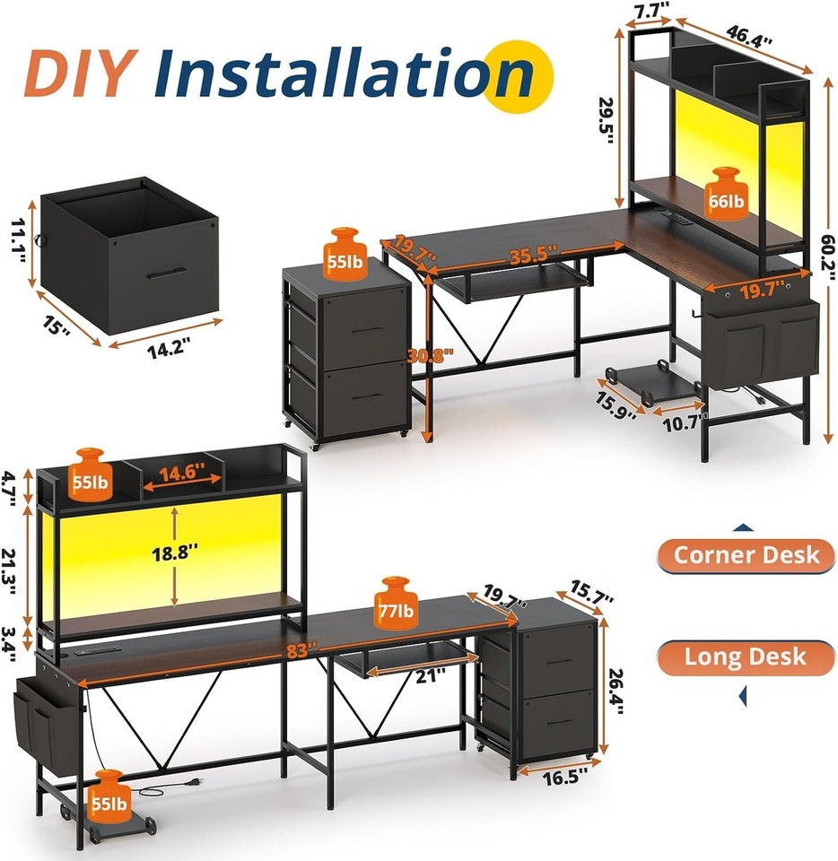 L Shaped Gaming Desk Reversible Corner Computer Desk with Power Outlet ...