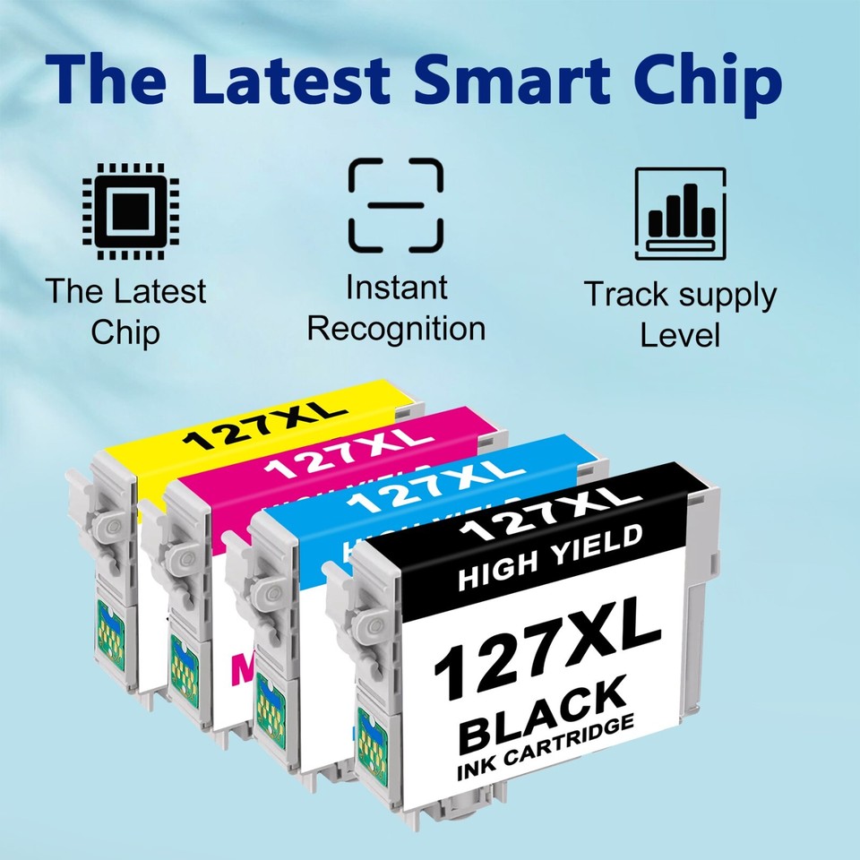 4 Pack 127XL Ink (Black/Cyan/Magenta/Yellow) for Epson WF-3520 7010 ...