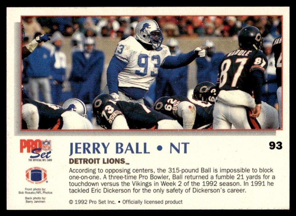 1992 Pro Set Power JERRY BALL #93 Detroit Lions - FREE Ship! | eBay