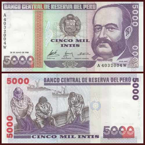 Peru 5000 Intis, 1987 Crisp Uncirculated Banknote P-137 South American ...
