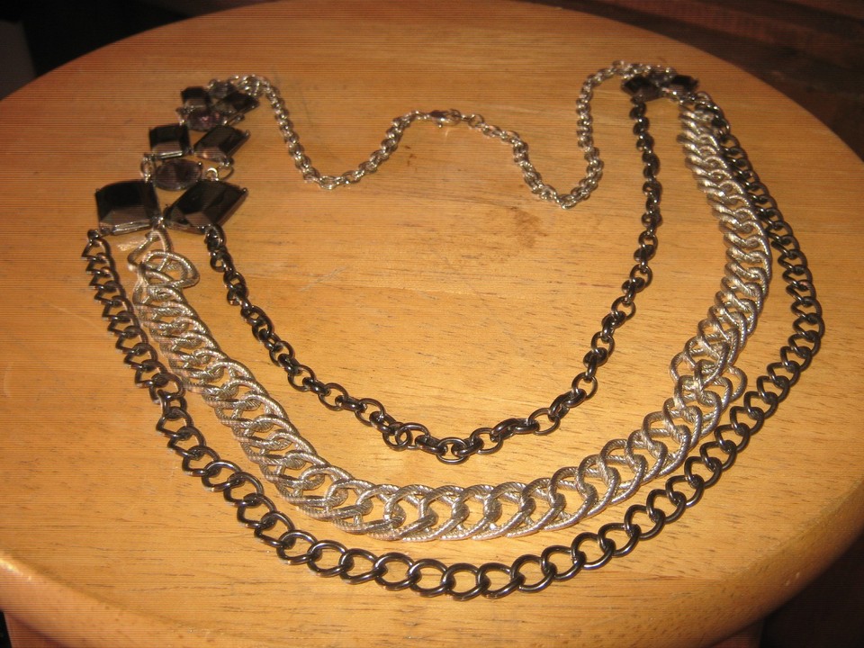 Silver & Black Heavy Multi Chain Necklace Rhinestone & Black Bead Side ...