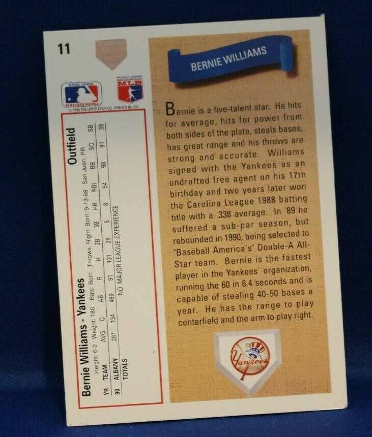 1991 UPPER DECK BASEBALL CARD BERNIE WILLIAMS ROOKIE #11 NEW YORK ...