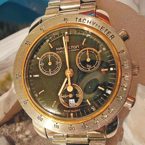 Men's Vintage HAMILTON 8800 QUARTZ TACHYMETER CHRONOGRAPH. BLACK DIAL ...
