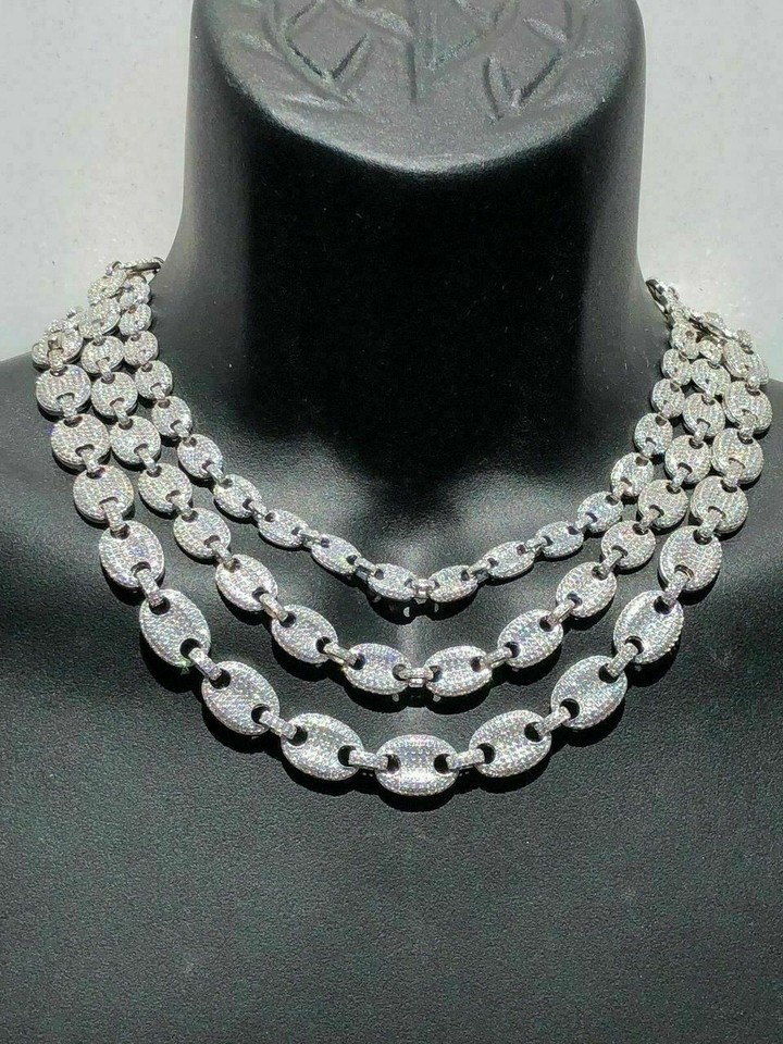 Solid 925 Silver Mens Puffed Mariner Link Chain CZ Hip Hop Iced | eBay