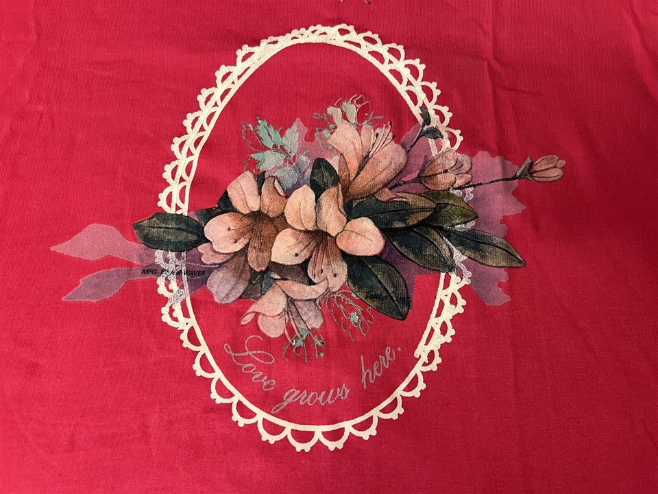 #1 VINTAGE 90'S JERZEES T-SHIRT HOT PINK LOVE GROWS HERE BIRDS FLOWERS ...