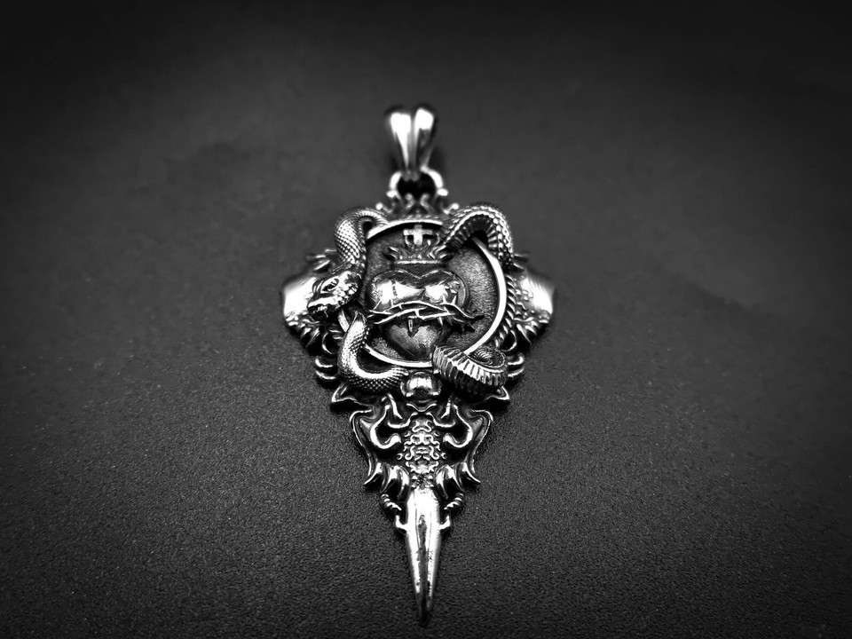 925 Sterling Silver Sacred Heart Pendant with Snake Jesus Cross ...