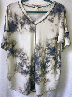 7TH RAY Top XXL (20) Tie Dye Short Sleeve Stretch Vneck Cream And ...