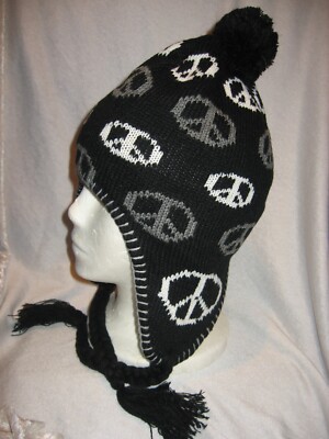 NEW Black Knit Peace Sign Winter Hat Fleece Lined with Ear Flaps Ties ...