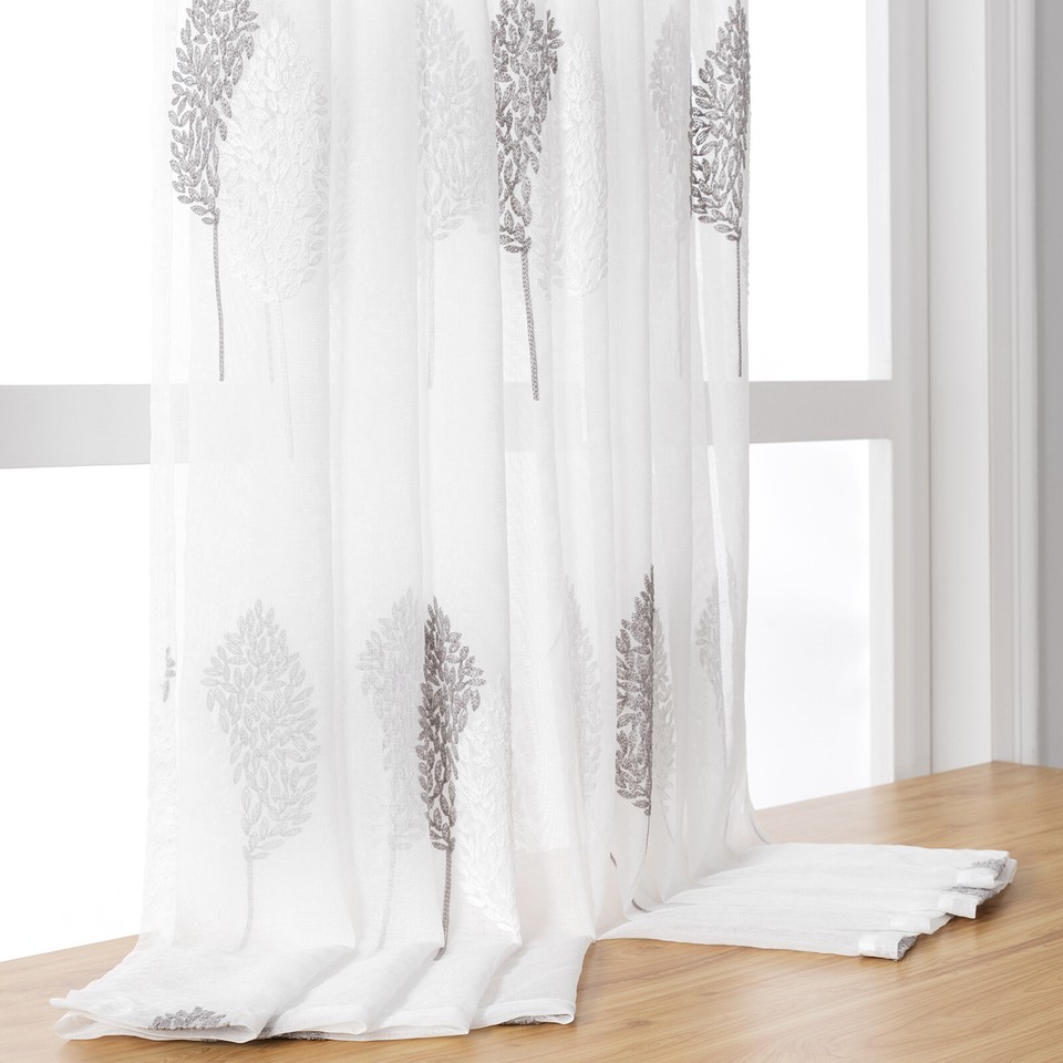 Voile Sheer Curtains Pair Embroidered Tree Shadow Curtain Drapes ...