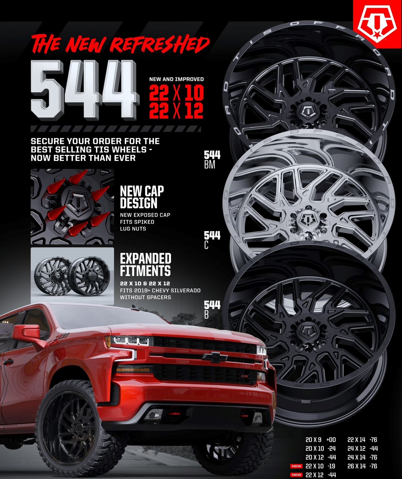 22x10 TIS 544BM Gloss Black Milled Wheels 5x5/5x5.5 (-19mm) Set of 4 | eBay