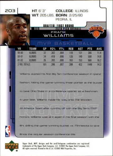 2002-03 Upper Deck MVP - #203 Frank Williams (RC) for sale online | eBay