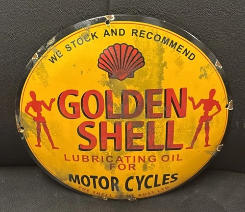 12” GOLDEN SHELL Oil For Motorcycles Porcelain Enamel Metal Domed Sign ...