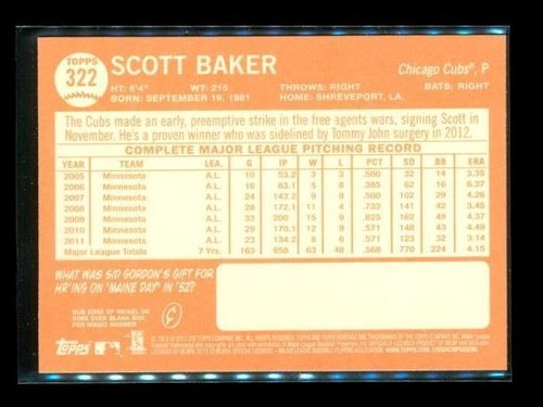 2013 TOPPS HERITAGE Baseball Trading Card #322 SCOTT BAKER Chicago Cubs | eBay